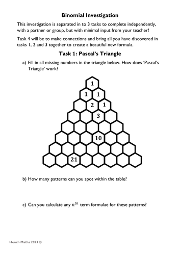 Binomial Expansion Discover The Formula Investigation Worksheet