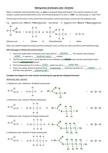 Reaction Of Carboxylic Acids Alcohols Producing Esters Worksheet