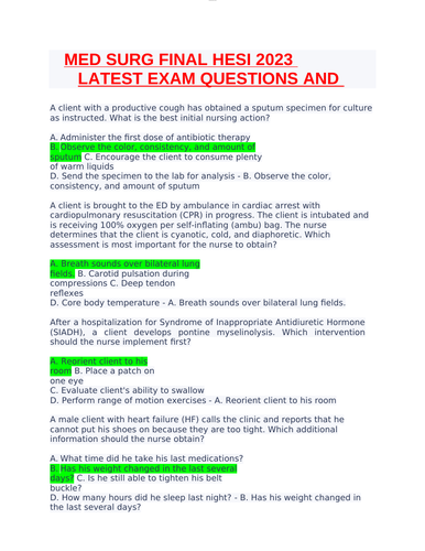 Med Surg Final Hesi 2023 Latest Exam Questions And Answer Teaching