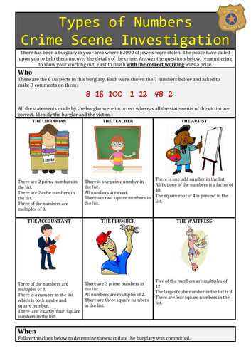 Factors Multiples Primes Roots Squares And Cubes Murder Mystery