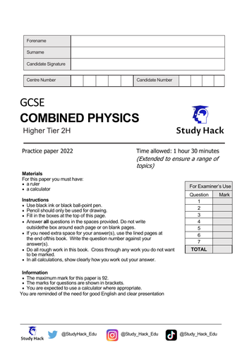 Aqa Combined Science Gcse Physics 2022 Practice Paper 2h Teaching