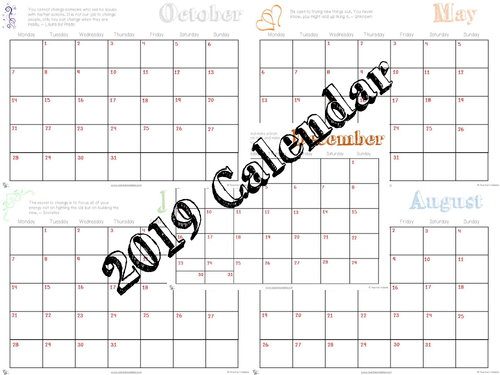 Monthly Calendar 2019 Printable Teaching Resources