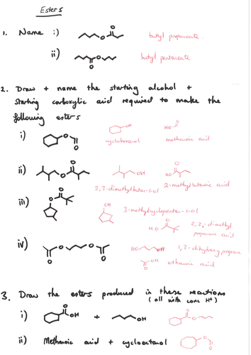 Worksheet On Esters With Answers Teaching Resources