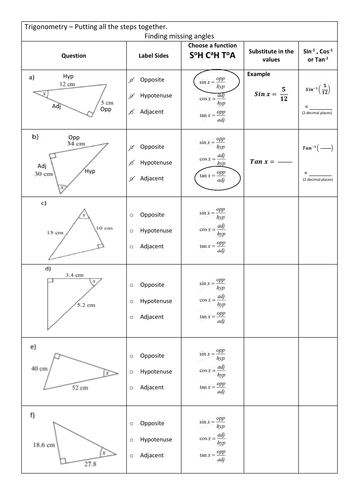 Trigonometry Missing Sides And Angles Low Scaffolded Worksheet