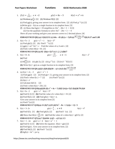 Functions Worksheet With Answers From Igcse Mathematics 0580 Teaching