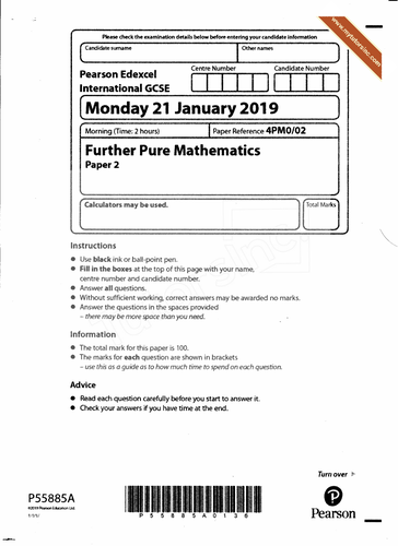 Edexcel Igcse Further Pure Mathematics Paper 2 January 2019 Solved