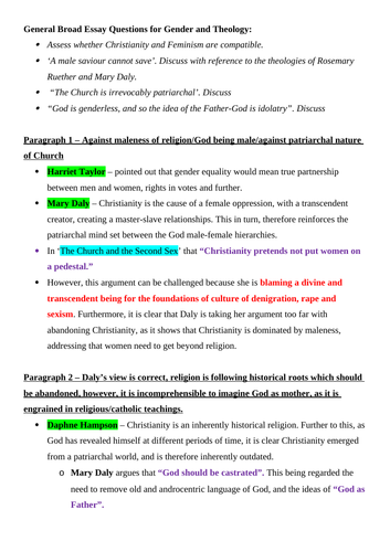 Ocr A Level Religious Studies Gender And Theology Dct Essay Plan