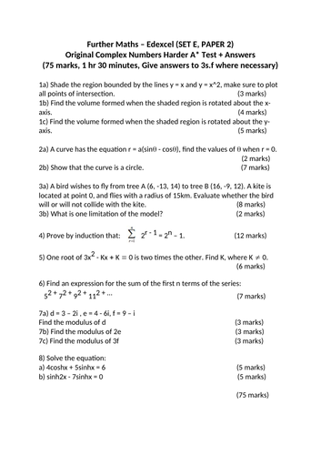 Core Pure A Test Further Math Set E Paper 2 Teaching Resources