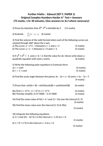 Core Pure A Test Further Math Set F Paper 1 Teaching Resources