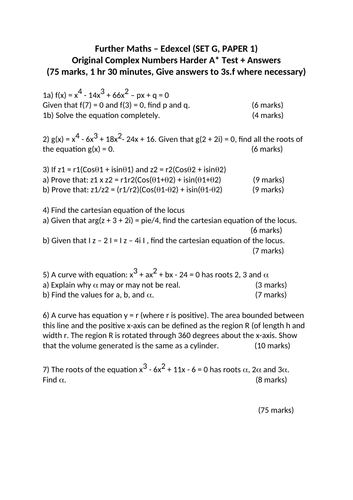 Core Pure A Test Further Math Set G Paper 1 Teaching Resources