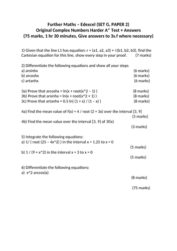 Core Pure A Test Further Math Set G Paper 2 Teaching Resources