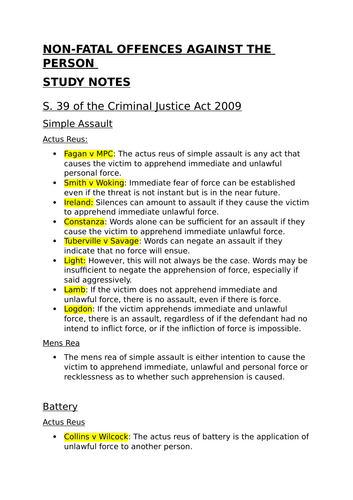 Non Fatal Offences Against The Person Revision Summary For A Level