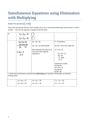 Simultaneous Equations Teaching Resources