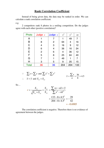 Spearmans Rank Correlation Coefficient Teaching Resources