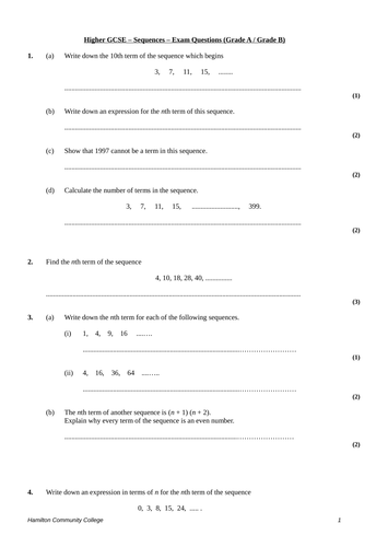 Gcse Exam Questions Sequences Worksheet By Mrbuckton4maths Teaching