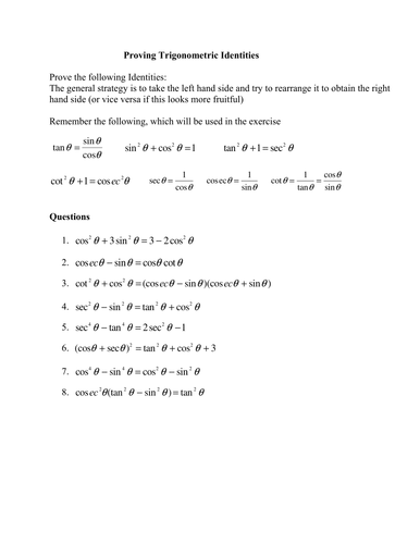 Proving Trigonometric Identities Teaching Resources