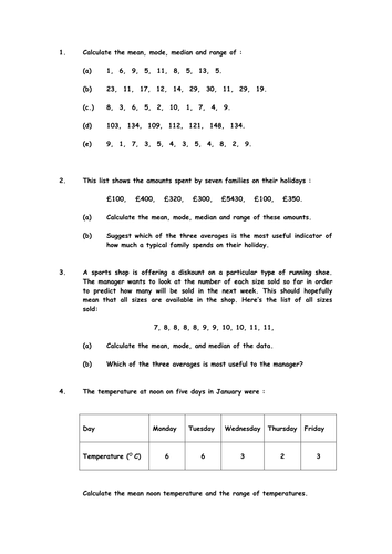 Meanmodemedian And Range Worksheet By Uk Teaching Resources Tes