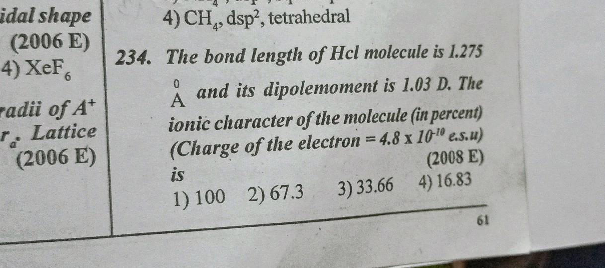 The Bond Length Of Hcl Molecule Is 1275 A And Its Dipole Moment Is 1