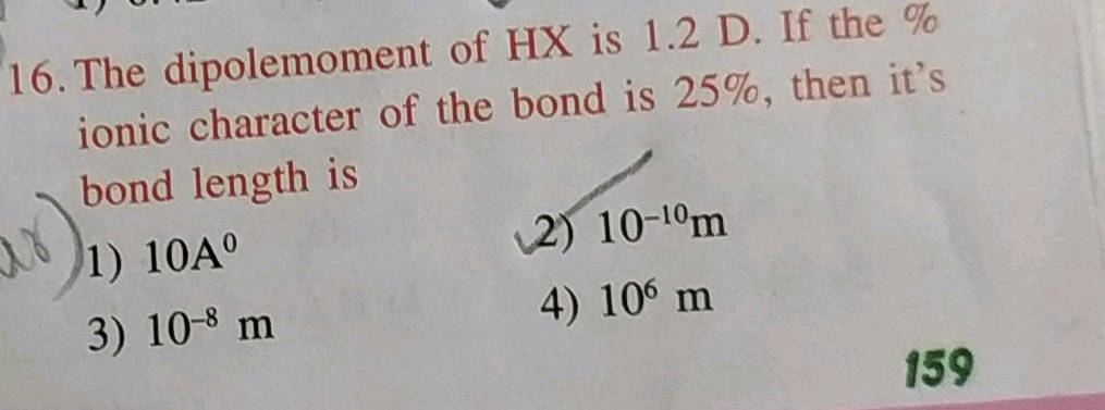 The Bond Length Of Hcl Bond Is 229 × 10 10m The Percentage Ionic