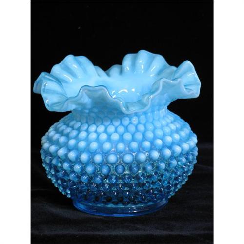 Fenton Blue Opalescent Hobnail Ruffled Vase 5 H