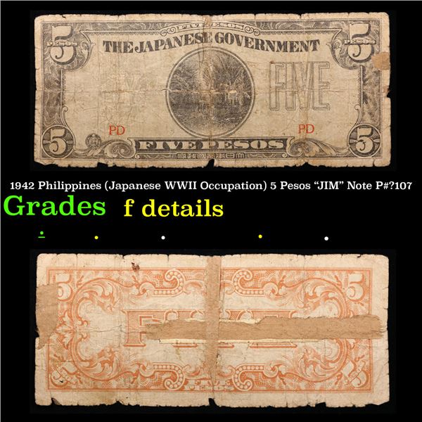 1942 Philippines Japanese Wwii Occupation 5 Pesos Jim Note P107