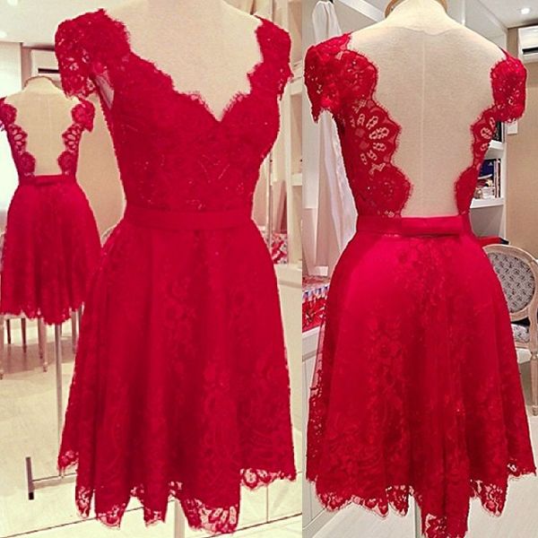 Short Red Homecoming Dress A Line V Neckline With Sleeves Lace Backless