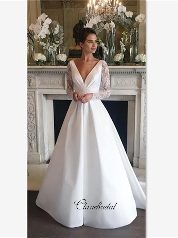 V Neck Elegant Lace Satin Wedding Dresses Long Sleeves Wedding Dresses