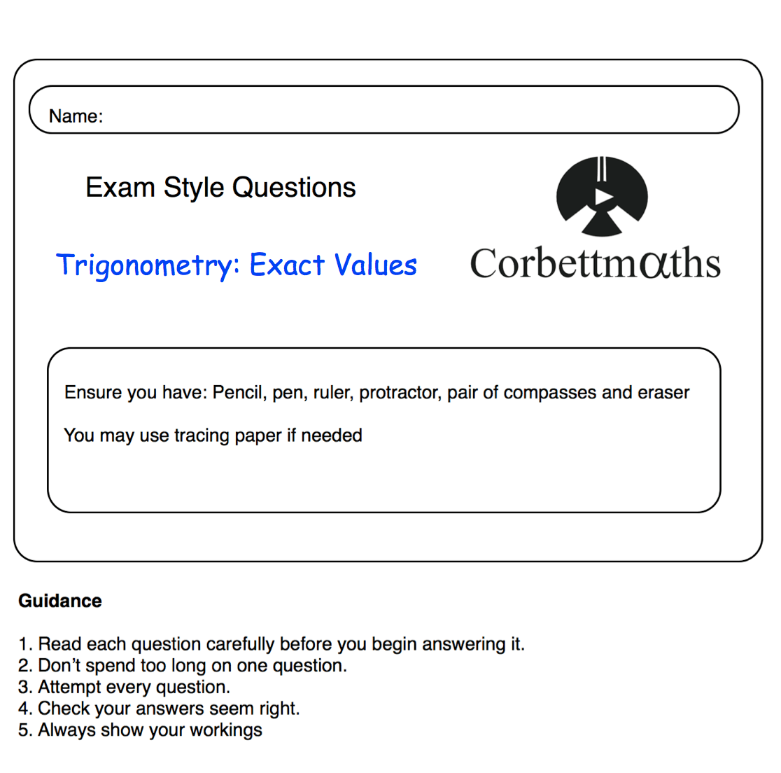 Exact Trigonometric Values Practice Questions Corbettmaths