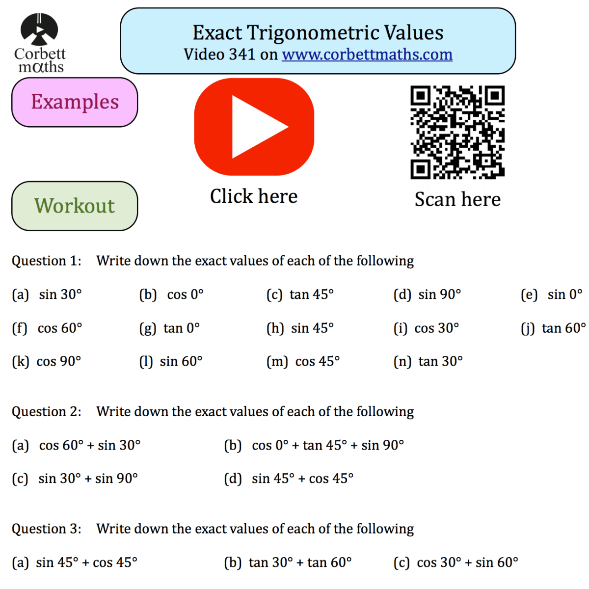 Exact Trigonometric Values Textbook Exercise Corbettmaths