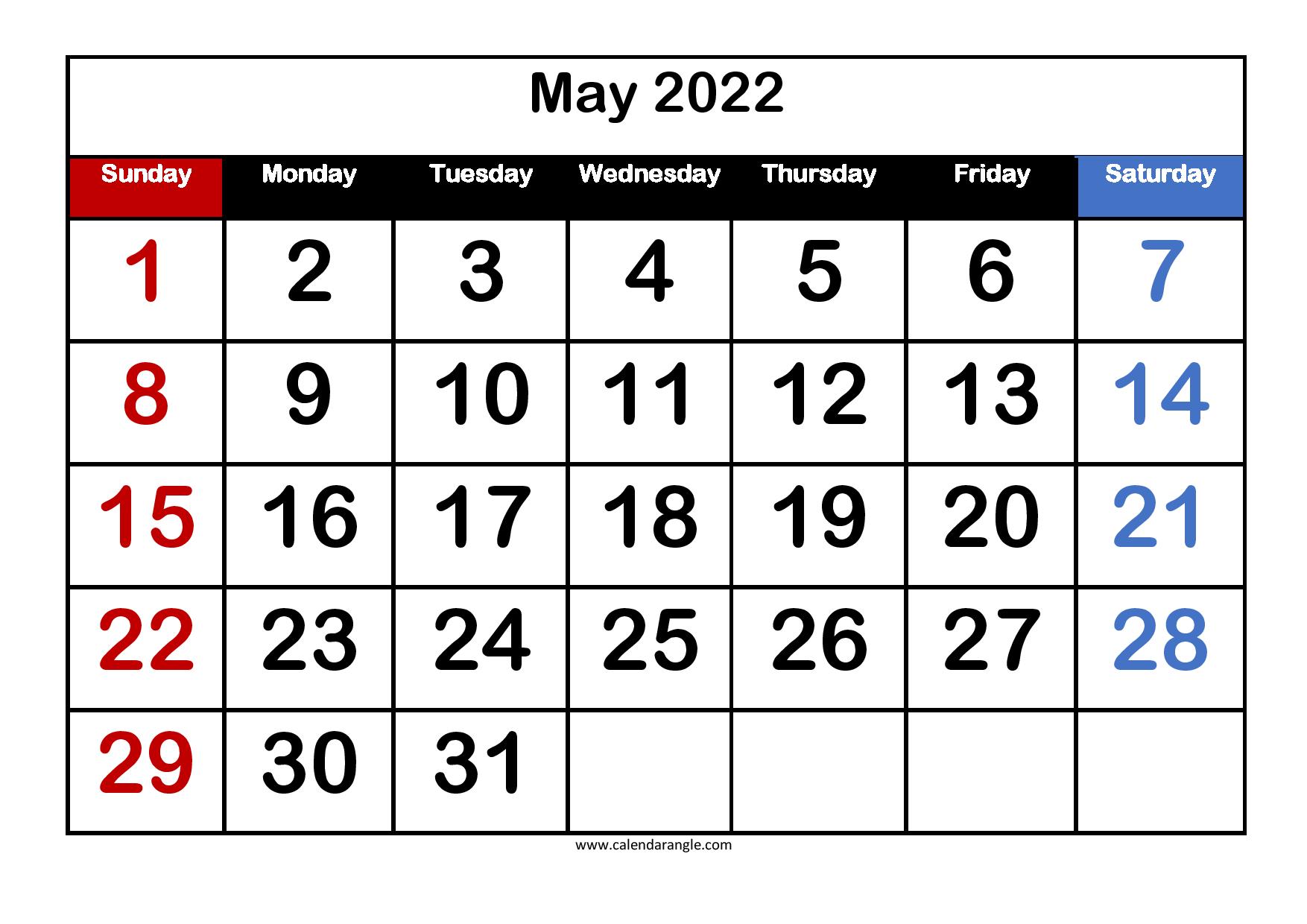 May Calendar 2022 Printable