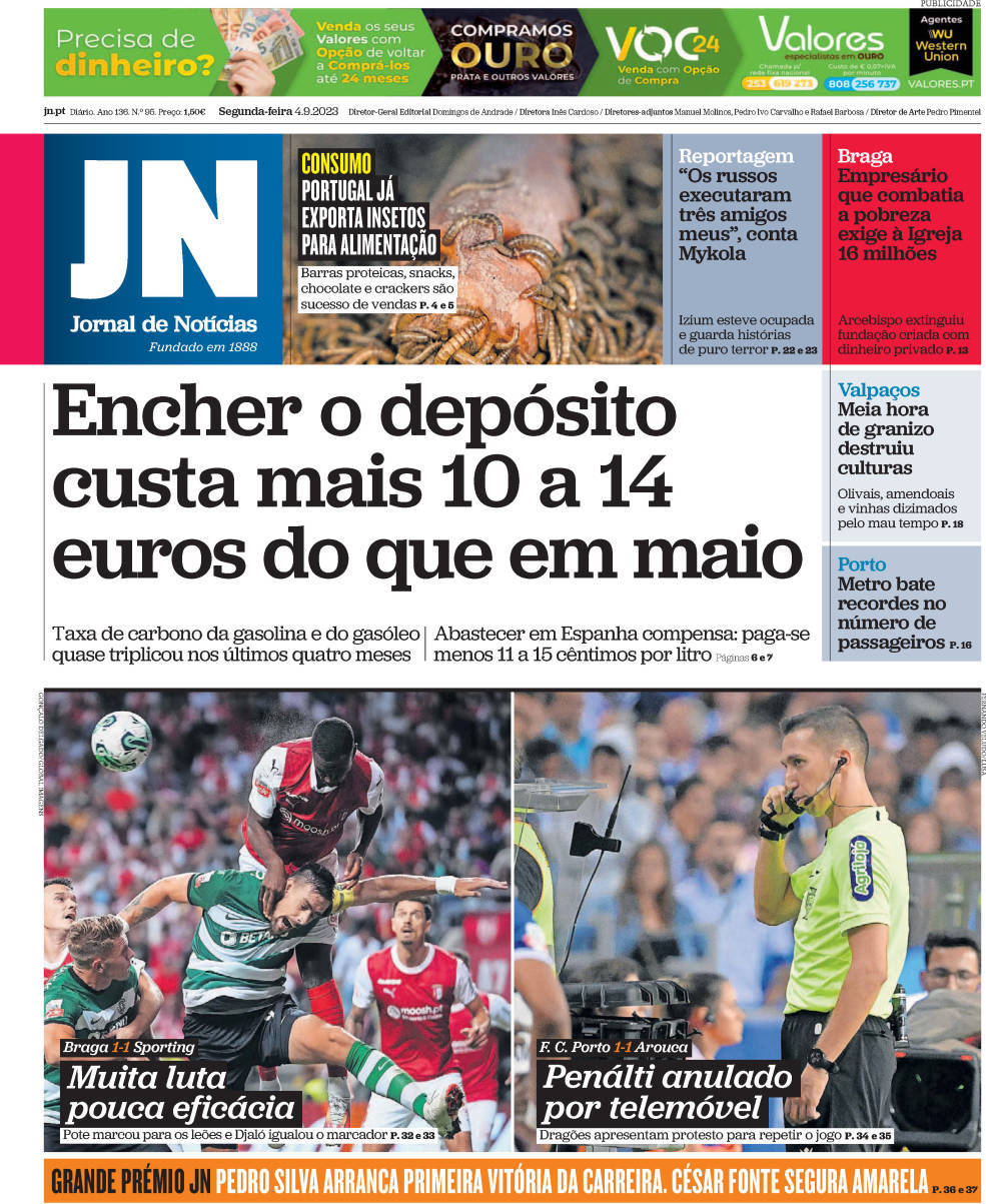 Jornal De Notícias Capa Da Edição De Segunda Feira 04 De Setembro 2023