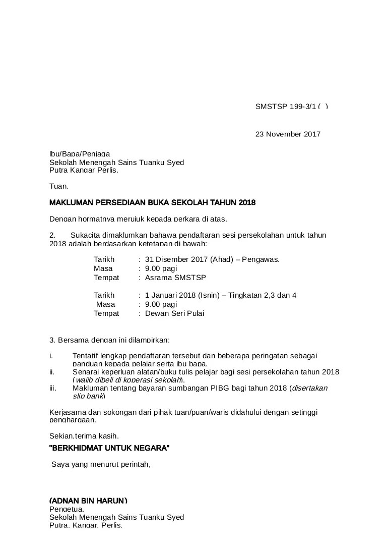 Contoh Surat Makluman Kepada Ibu Bapa Contoh Surat Makluman Kelas