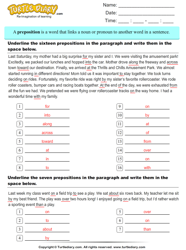 Underline The Prepositions Worksheet Preposition Worksheets