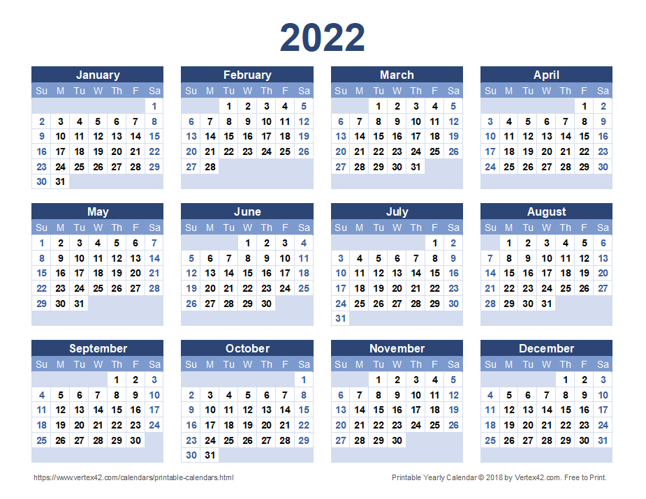 2022 Printable Yearly Calendar Free Letter Templates