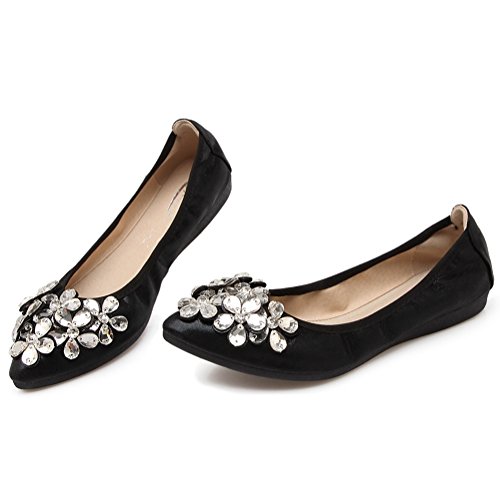 Meeshine Womens Foldable Soft Pointed Toe Ballet Flats Rhinestone