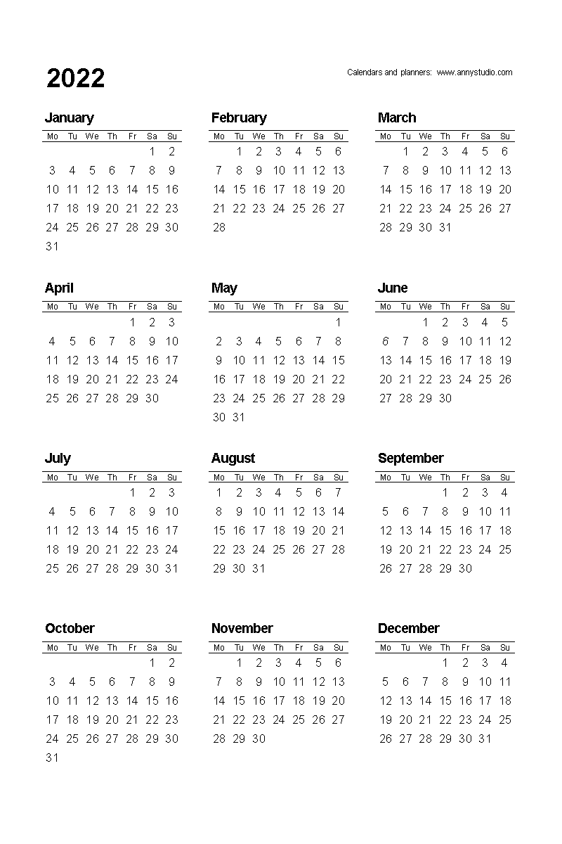 2022 Calendar Printable Portrait Free Letter Templates