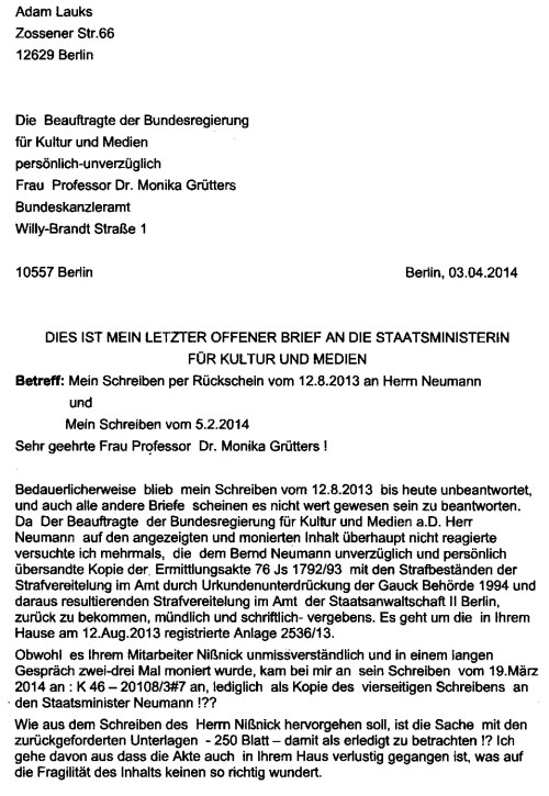 Dies Ist Mein Letzter Offener Brief An Die Staatsministerin FÜr Kultur