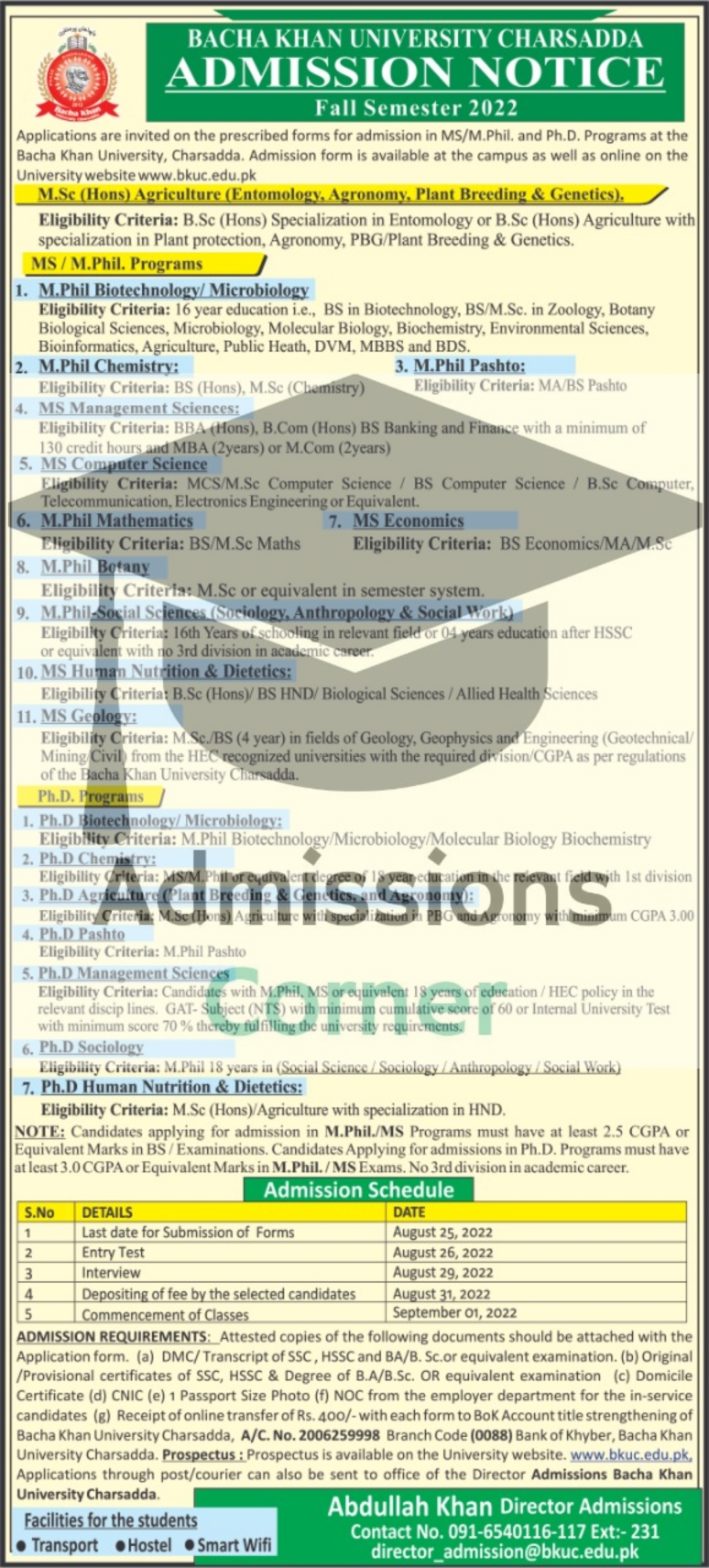 Bacha Khan University Charsada Mphil Phd Admissions Fall 2022