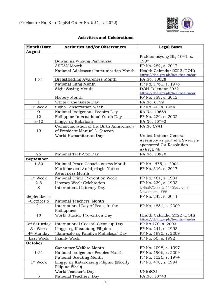 Deped School Calendar 2022 To 2023 Based On Do 34 S 2022 Pdf