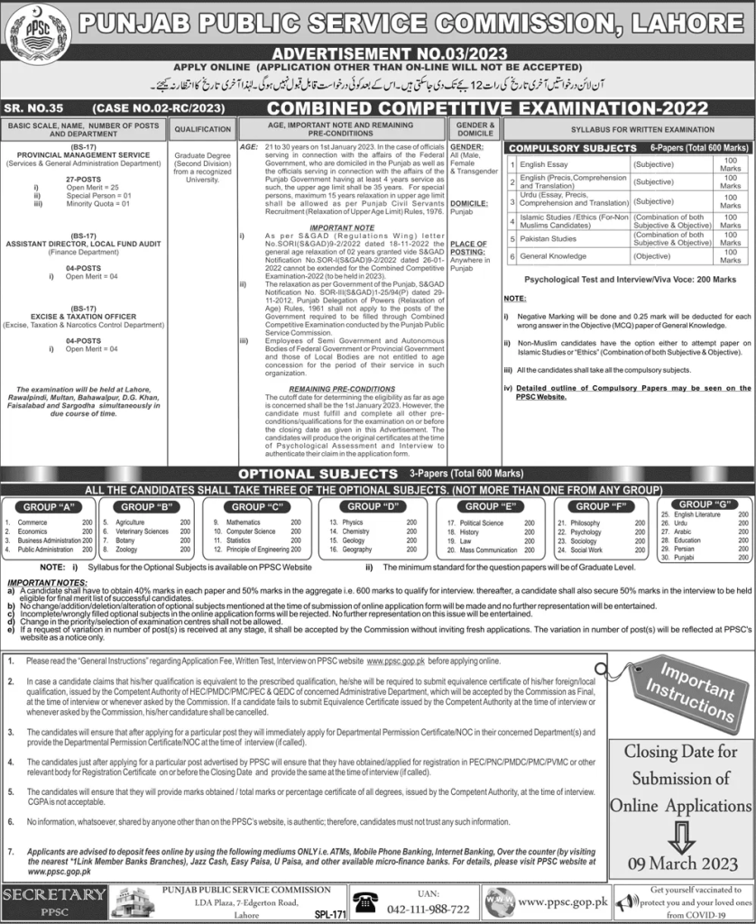 Punjab Public Service Commission Ppsc Vacancies Combined Competitive