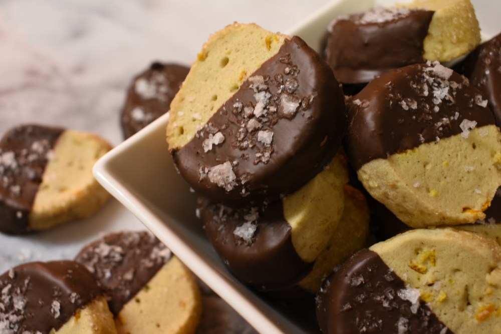 Chocolate Dipped Orange Shortbread Cookies • Baste Cut Fold