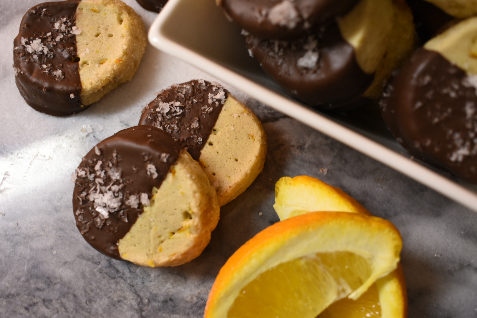 Chocolate Dipped Orange Shortbread Cookies • Baste Cut Fold