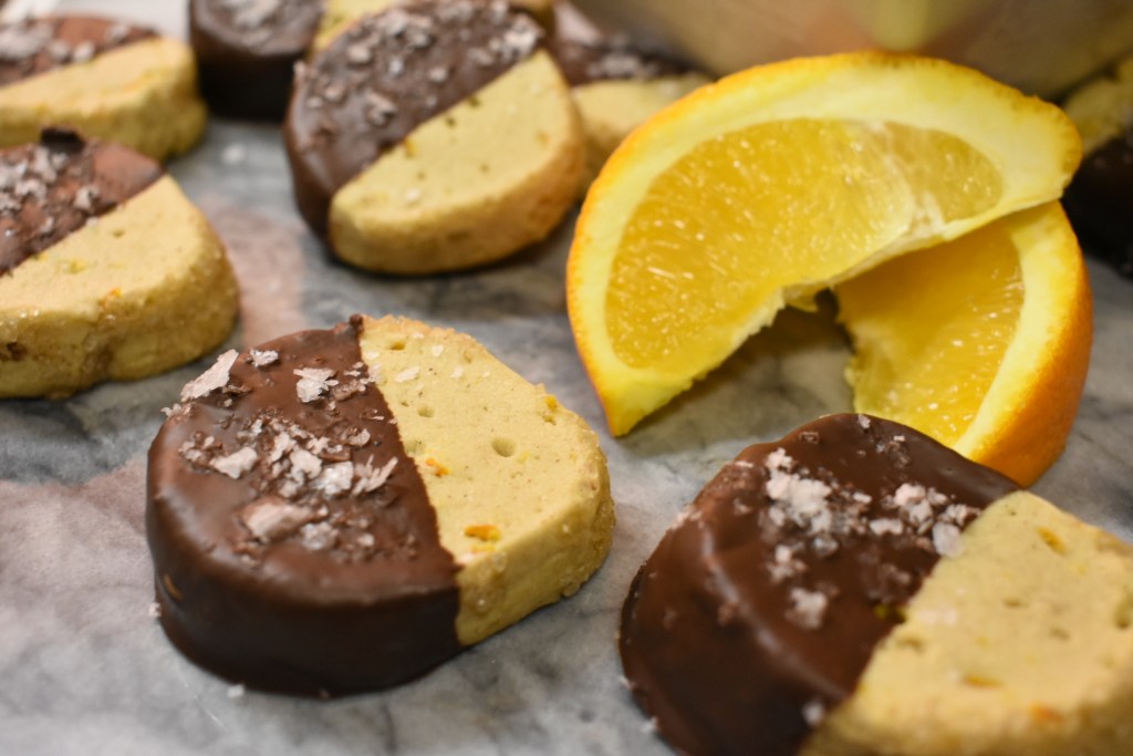 Chocolate Dipped Orange Shortbread Cookies • Baste Cut Fold