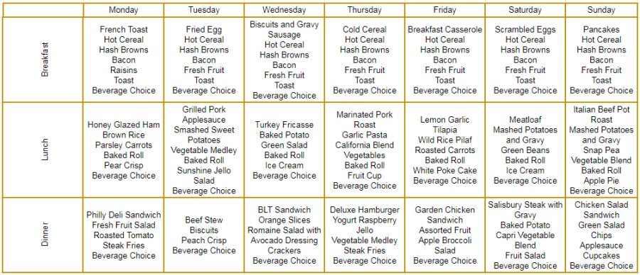 Sample Menu Bel Aire Senior Living