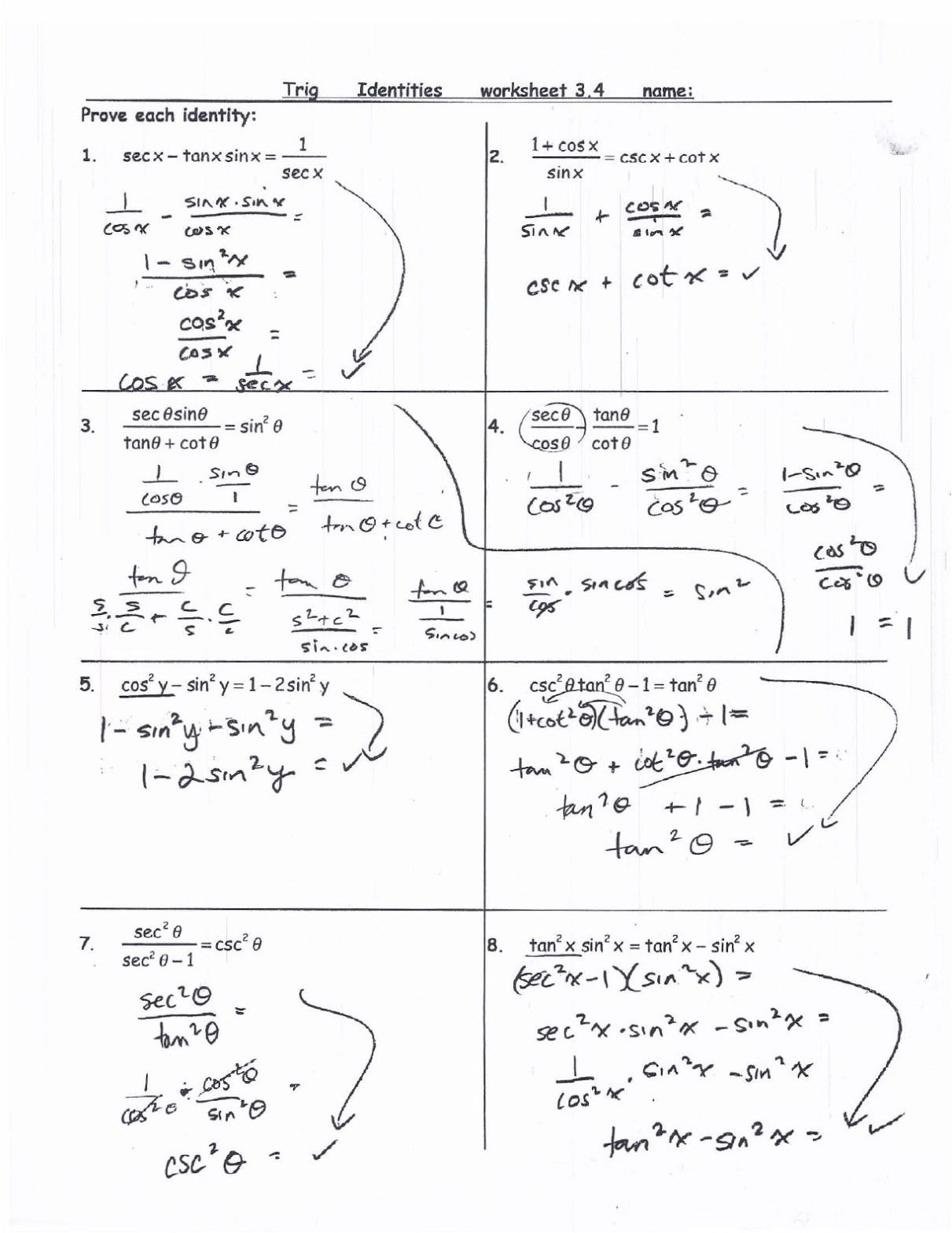 Trig Identities Worksheet With Answers