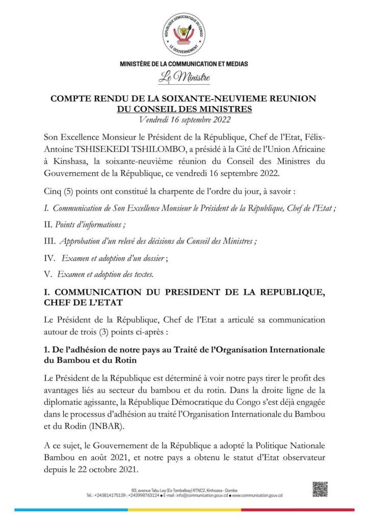 Rdc Intégralité Du Compte Rendu Du Conseil Des Ministres Du Vendredi