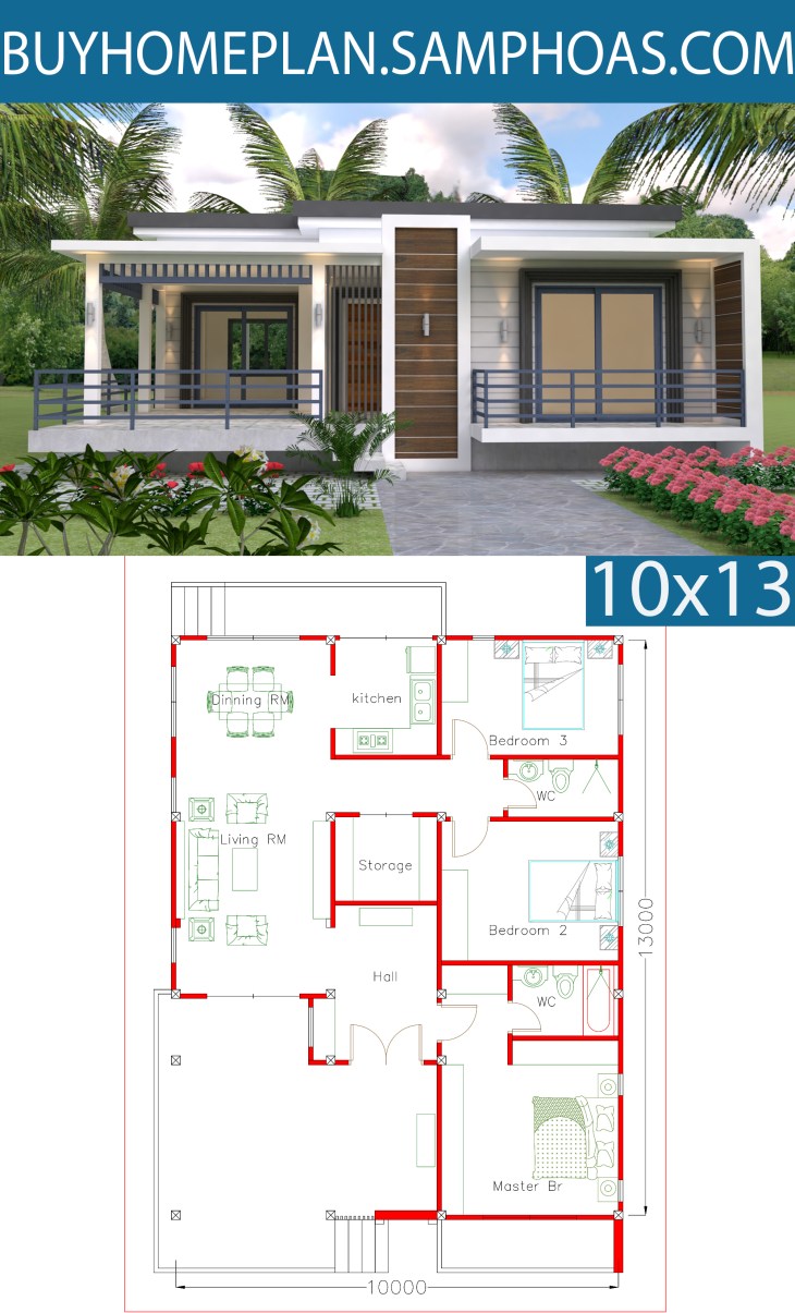 Sketchup Home Design Plan 10x13m With 3 Bedrooms Samphoascom