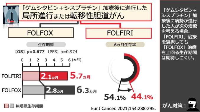 日本がん対策図鑑 【胆道がん：二次治療（6ヵ月os、os、pfs）】「folfiri」vs「folfox」