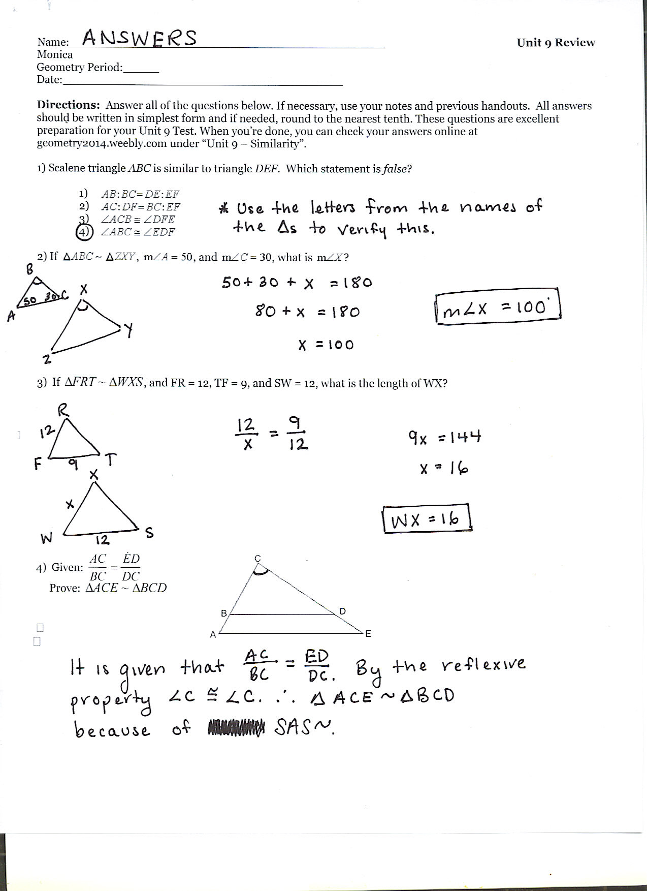 Geometry Unit 6 Similar Triangles Test Answers Geometry Name Chapter