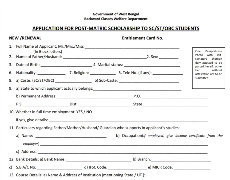 Pdf Wb Post Matric Scholarship Application Form Pdf Govtempdiary